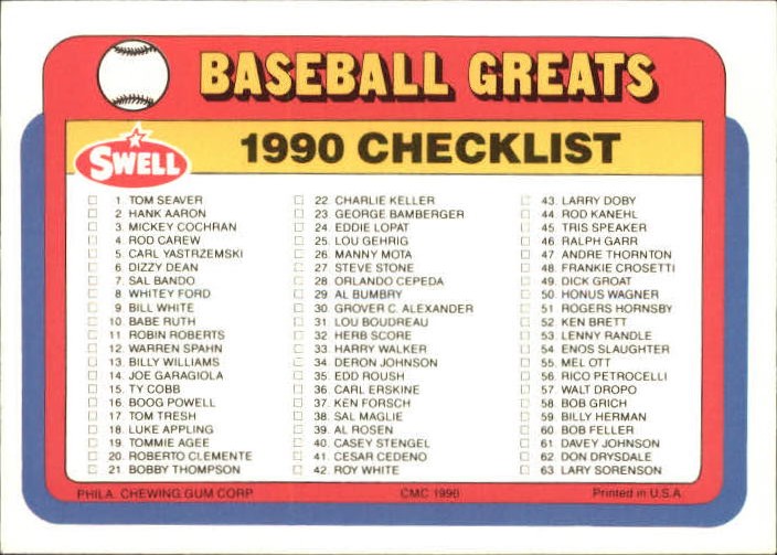 1990 Swell Baseball Greats #135 Checklist Card - NM-MT - Burbank ...
