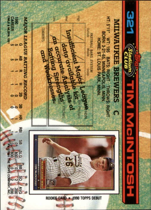 1991 Stadium Club #321 Tim McIntosh - . No Gloss/No Foil. - NM