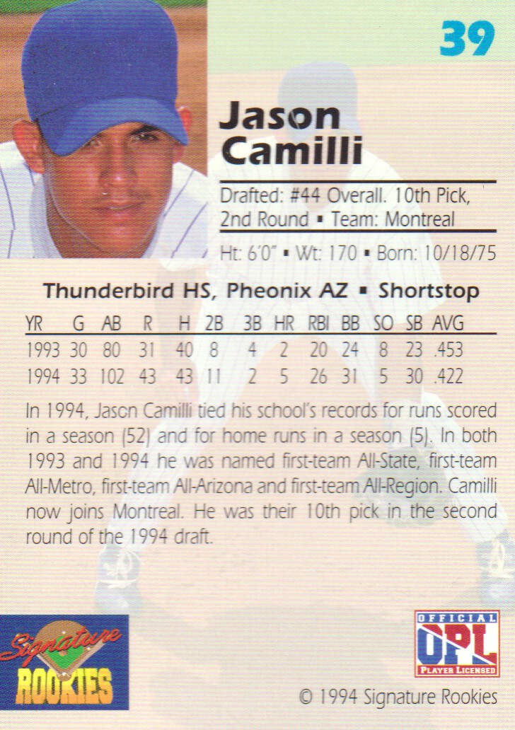 1994 Signature Rookies Draft Picks #39 Jason Camilli - NM-MT ...