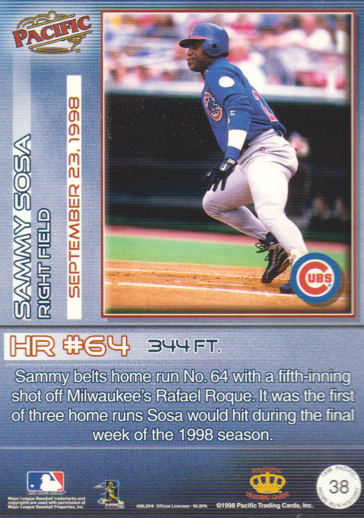 1998 Pacific Home Run History #38 Sammy Sosa - NM-MT