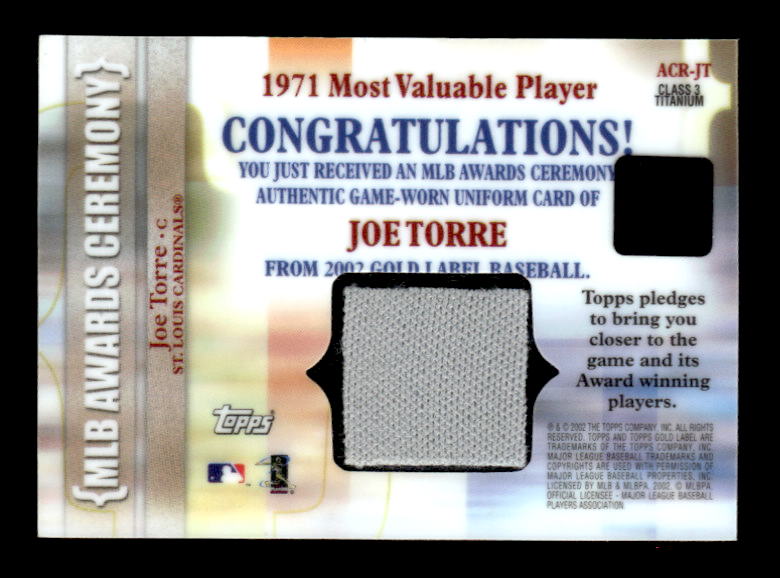 2002 Topps Gold Label MLB Awards Ceremony Relics Titanium #JT Joe Torre MVP Uni - NM-MT