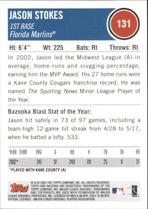 2003 Bazooka #131A Jason Stokes Logo - NM-MT
