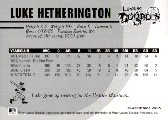 2005 Lansing Lugnuts Grandstand #13 Luke Hetherington - NM