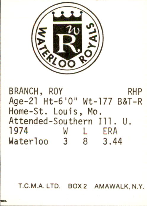 1975 Waterloo Royals TCMA #5 Roy Branch - NM
