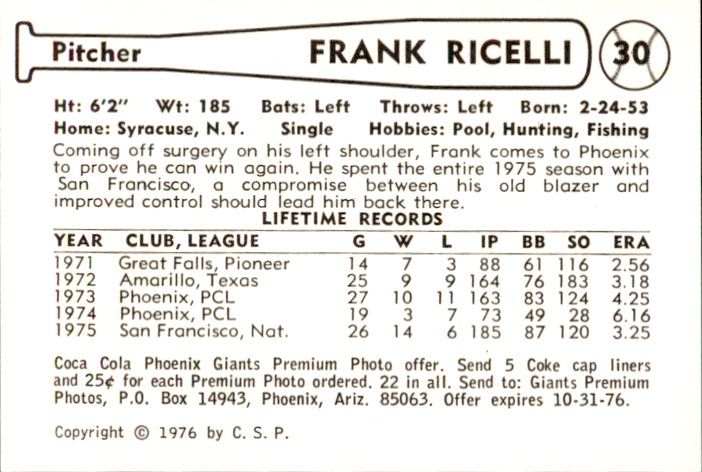 1976 Phoenix Giants Cramer #30 Frank Ricelli - NM