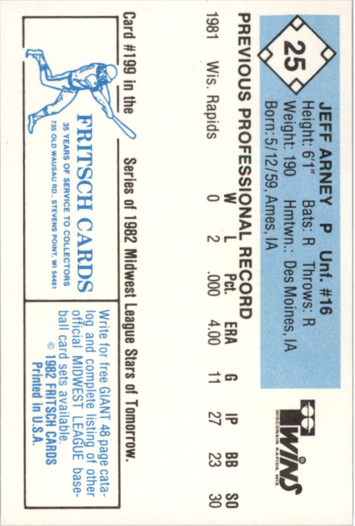 1982 Wisconsin Rapids Twins Fritsch #25 Jeff Arney - NM-MT