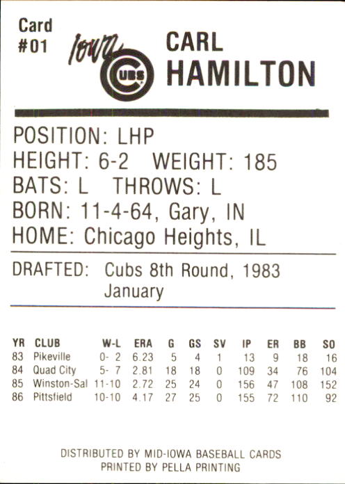 1987 Iowa Cubs Team Issue #1 Carl Hamilton - NM