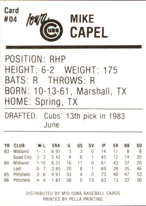 1987 Iowa Cubs Team Issue #4 Mike Capel - NM