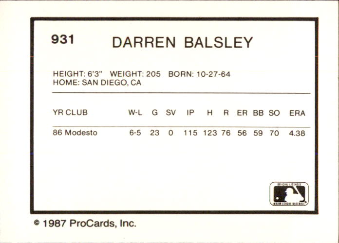 1987 Dunedin Blue Jays ProCards #931 Darren Balsley - NM