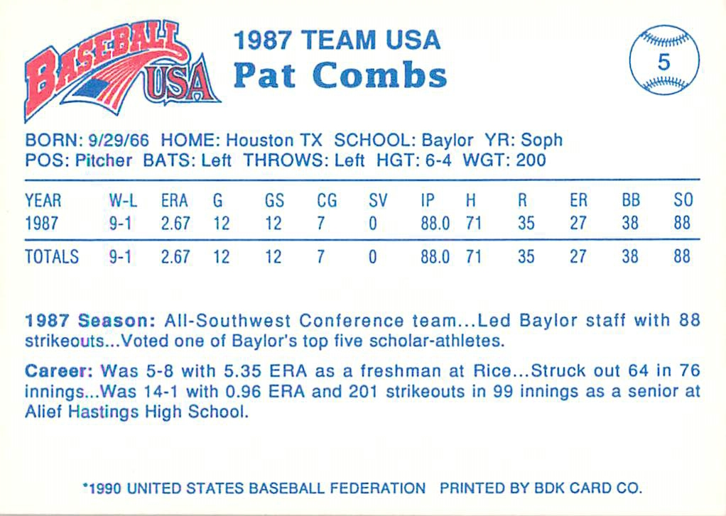 1990 Pan Am Team USA Red BDK #5 Pat Combs - NM-MT