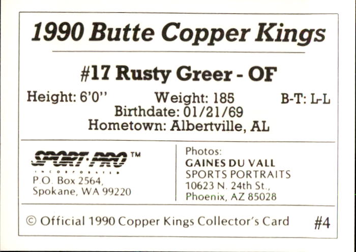 1990 Butte Copper Kings Sports Pro #4 Rusty Greer - NM