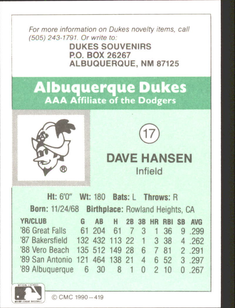 1990 Albuquerque Dukes CMC #17 Dave Hansen - NM-MT