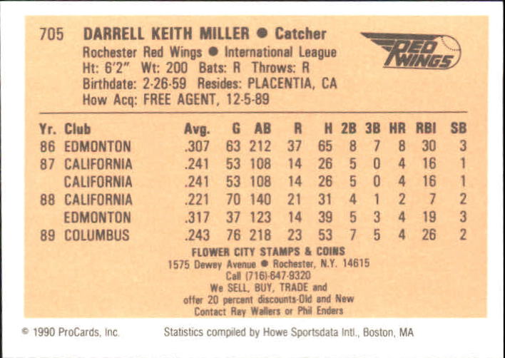 1990 Rochester Red Wings ProCards #705 Darrell Miller - NM-MT