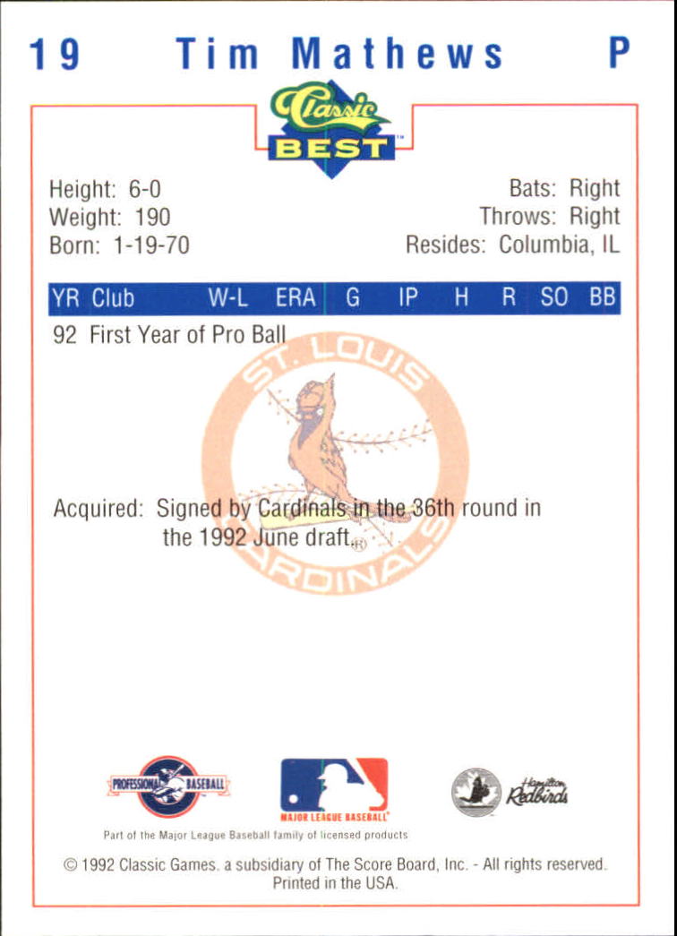 1992 Hamilton Redbirds Classic/Best #19 Tim Mathews - NM-MT