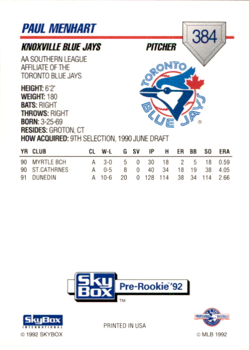 1992 Knoxville Blue Jays SkyBox #384 Paul Menhart - NM