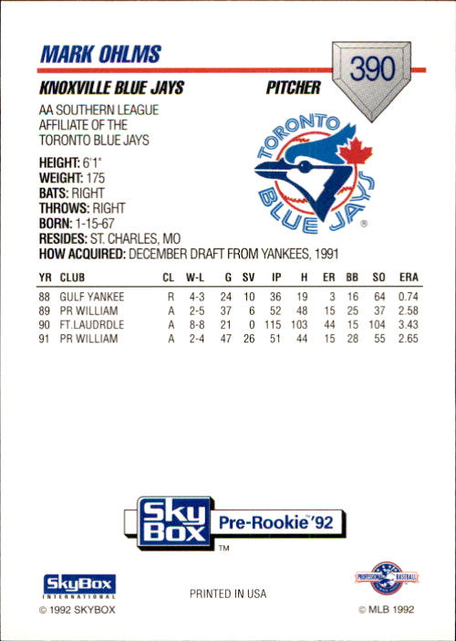 1992 Knoxville Blue Jays SkyBox #390 Mark Ohlms - NM