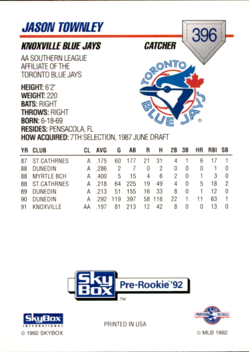 1992 Knoxville Blue Jays SkyBox #396 Jason Townley - NM