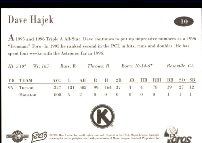 1996 Tucson Toros Best #10 Dave Hajek - NM