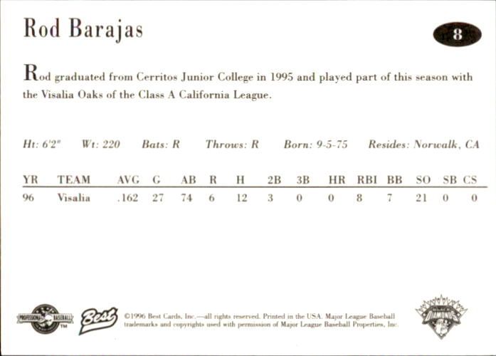 1996 Lethbridge Black Diamonds Best #8 Rod Barajas - NM