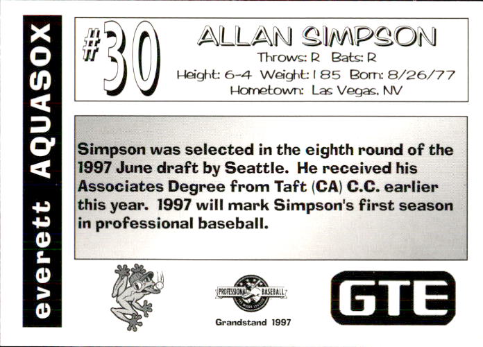 1997 Everett AquaSox Grandstand #23 Allan Simpson - NM