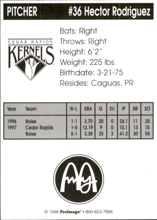 1998 Cedar Rapids Kernels Team Issue #25 Hector Rodriguez - NM 1998 Cedar Rapids Kernels Team Issue #25 Hector Rodriguez - NM