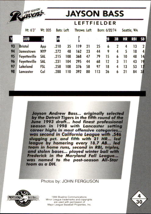 1999 New Haven Ravens BlueLine #4 Jayson Bass - NM