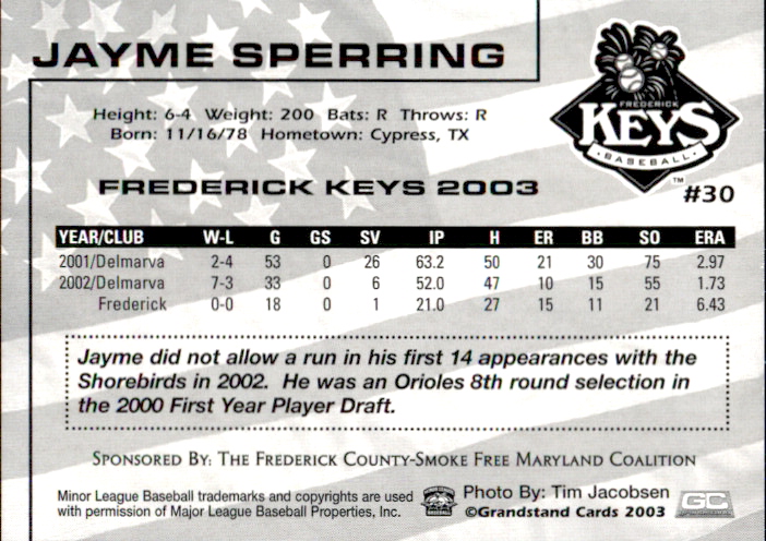 2003 Frederick Keys No Smoking Logo Grandstand #12 Jayme Sperring - NM