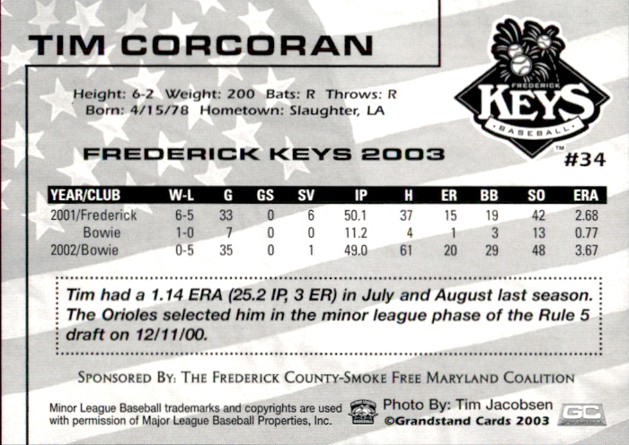 2003 Frederick Keys No Smoking Logo Grandstand #20 Tim Corcoran - NM
