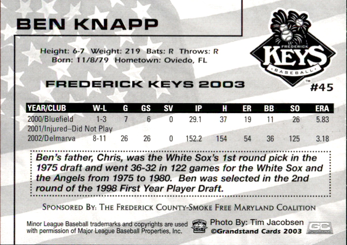 2003 Frederick Keys No Smoking Logo Grandstand #23 Ben Knapp - NM