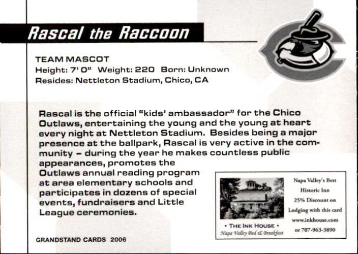 2006 Chico Outlaws Grandstand #30 Rascal MASCOT - NM