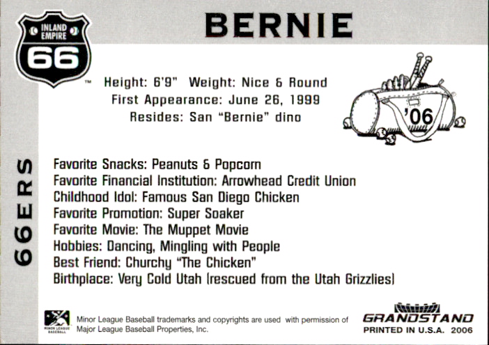 2006 Inland Empire 66ers Grandstand #33 Bernie MASCOT - NM