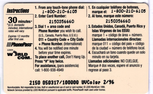 1996-98 Worldcom Calling Cards #3 Michael Jordan 30 minutes/Black ...