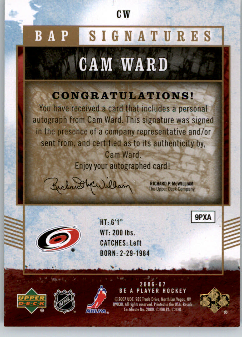 2006-07 Be A Player Signatures #CW Cam Ward - NM-MT - THE COLLECTOR'S ...