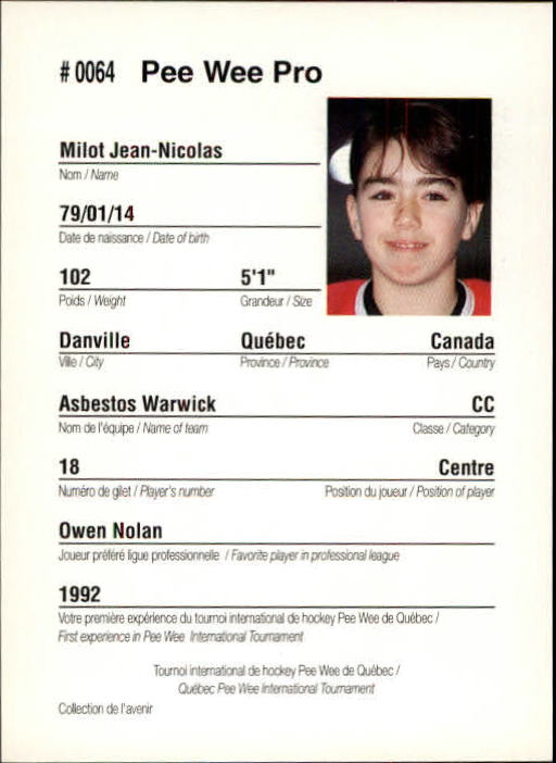 1992 Quebec Pee-Wee Tournament #64 Jean-Nicolas Milot - NM-MT