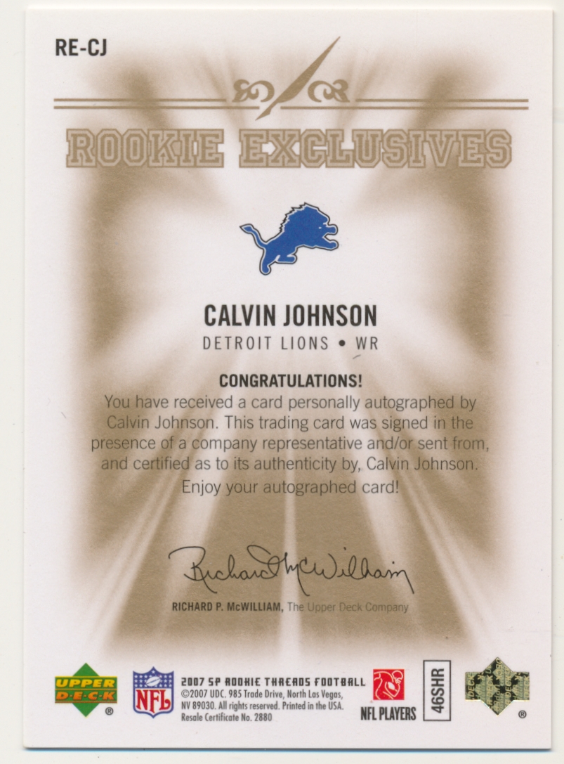 2007 SP Rookie Threads Rookie Exclusive Autographs #RECJ Calvin Johnson ...