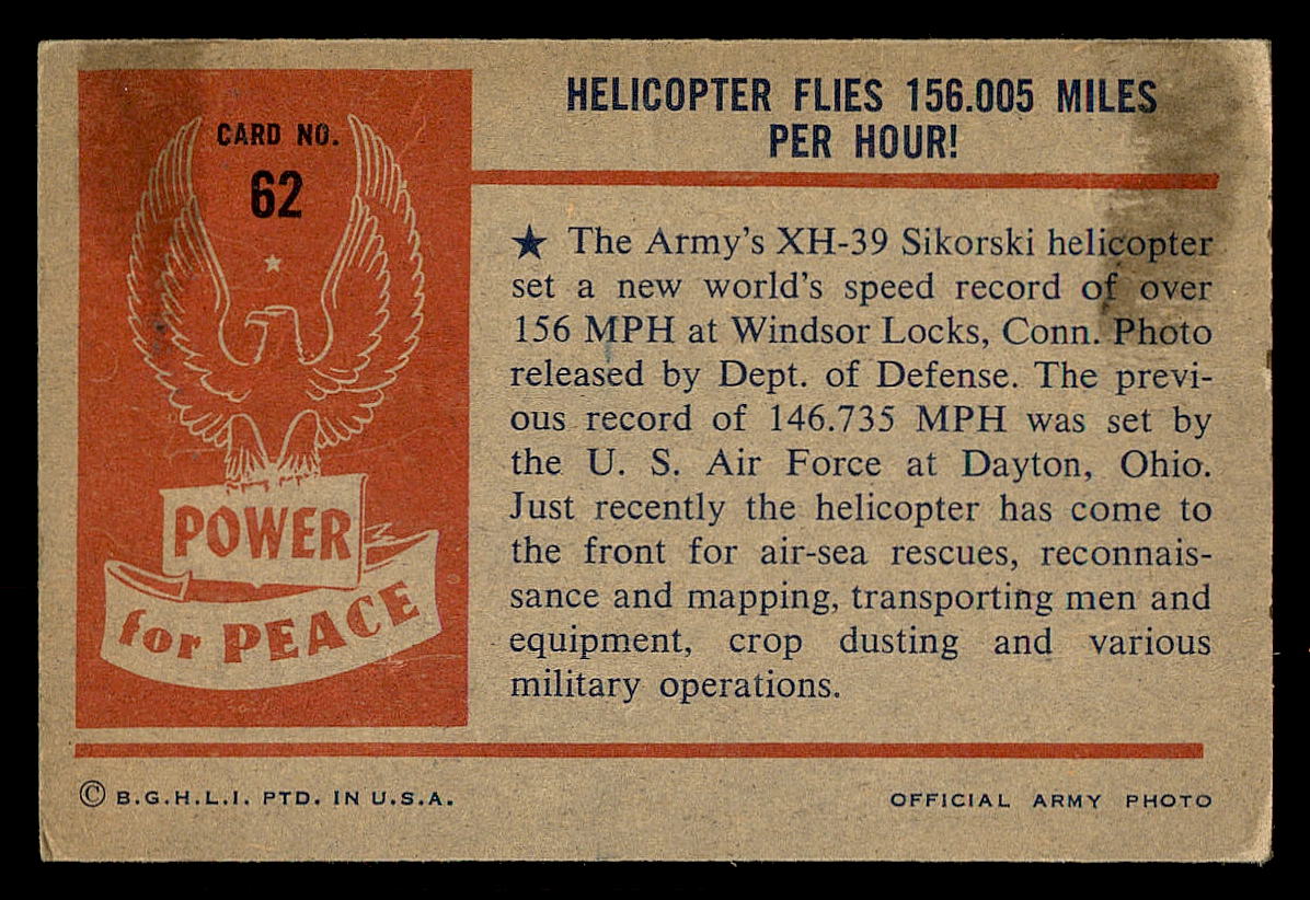 1954 Bowman Power for Peace #62 Helicopter Flies 156.005 Miles - Scan ...