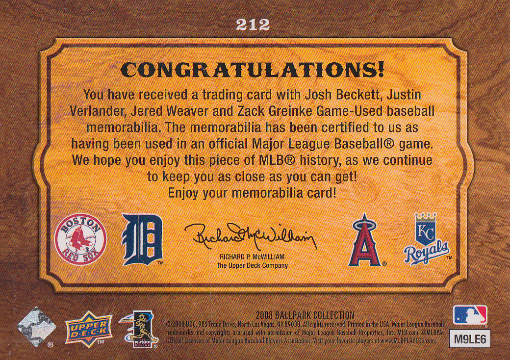 2008 Upper Deck Ballpark Collection #212 Josh Beckett/Justin Verlander ...