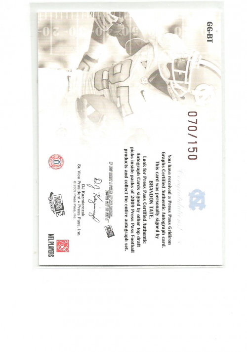 2009 Press Pass SE Gridiron Graphs Red #GGBT Brandon Tate - 070/150 ...