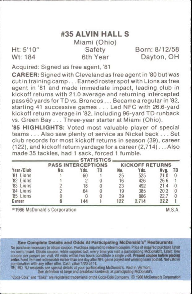 1986 McDonald's Lions Blue Tab #35 Alvin Hall - . Oversized. - NM-MT