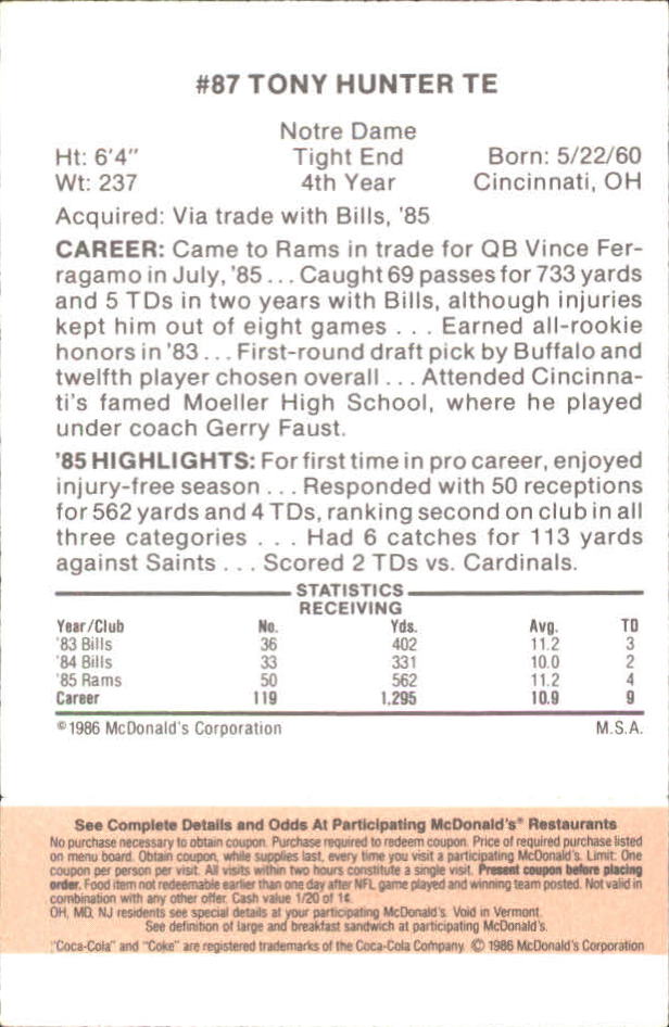1986 McDonald's Rams Gold Tab #87 Tony Hunter - . Oversized. - NM-MT ...