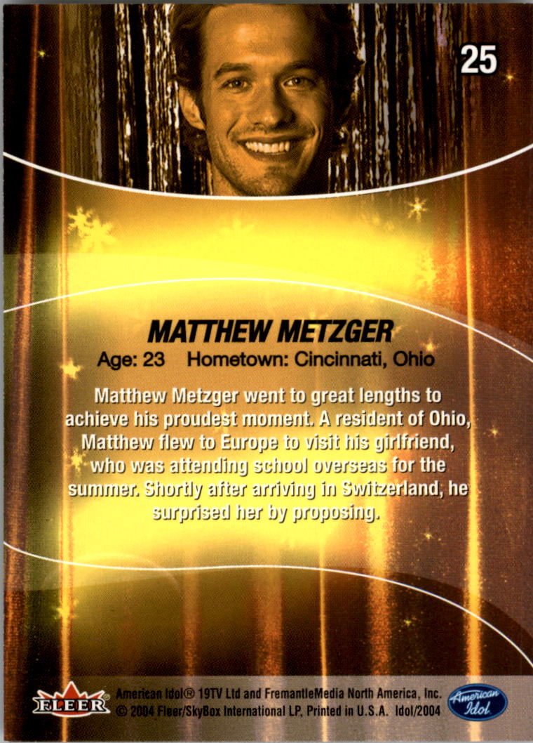 2004 Fleer American Idol Season Three #25 Matthew Metzger - NM-MT