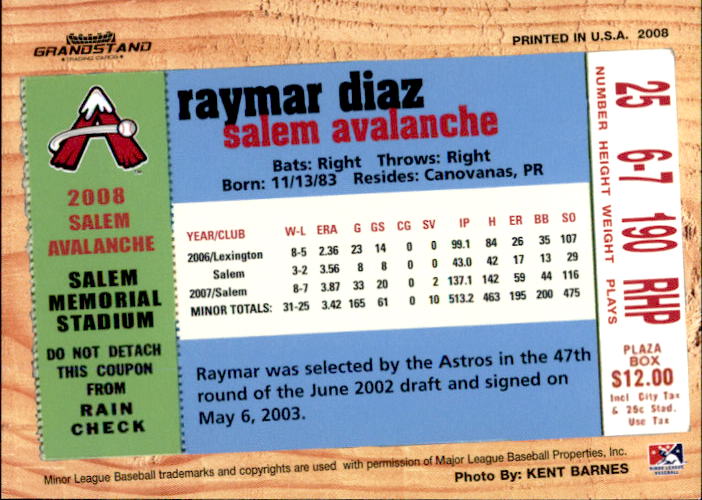 2008 Salem Avalanche Grandstand #9 Raymar Diaz - NM