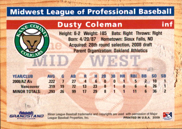 2009 Midwest League Prospects Grandstand #6 Dusty Coleman - NM