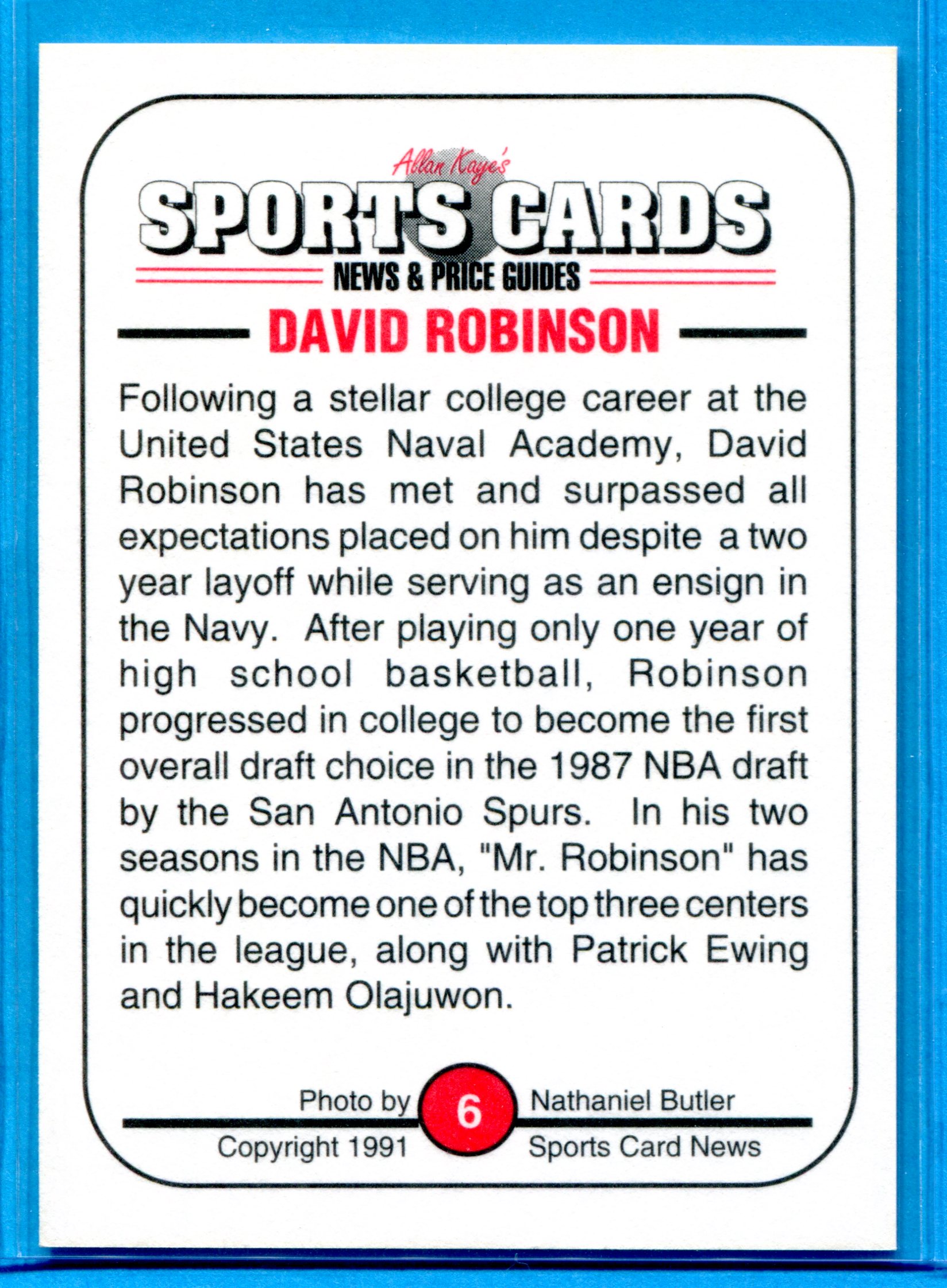 1991 Allan Kaye's Silver Foil Card #6 David Robinson - NM-MT