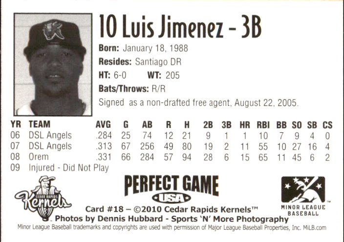 2010 Cedar Rapids Kernels Team Issue #18 Luis Jimenez - NM 2010 Cedar Rapids Kernels Team Issue #18 Luis Jimenez - NM