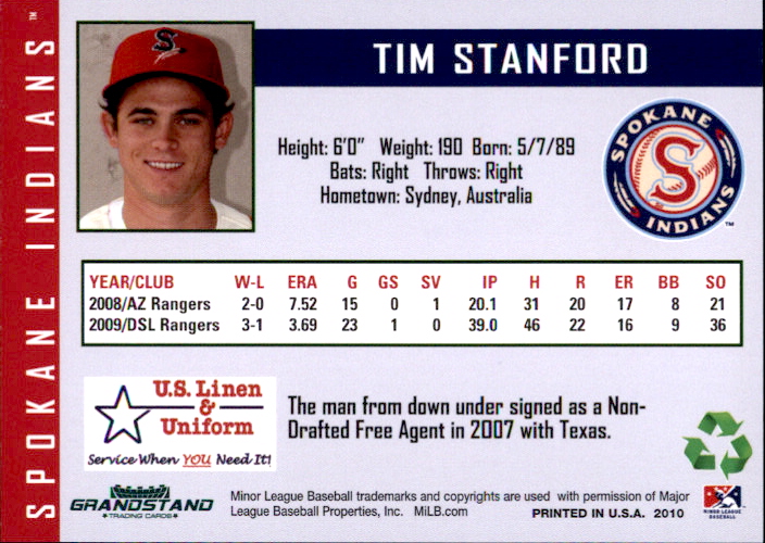 2010 Spokane Indians Grandstand #34 Tim Stanford - NM