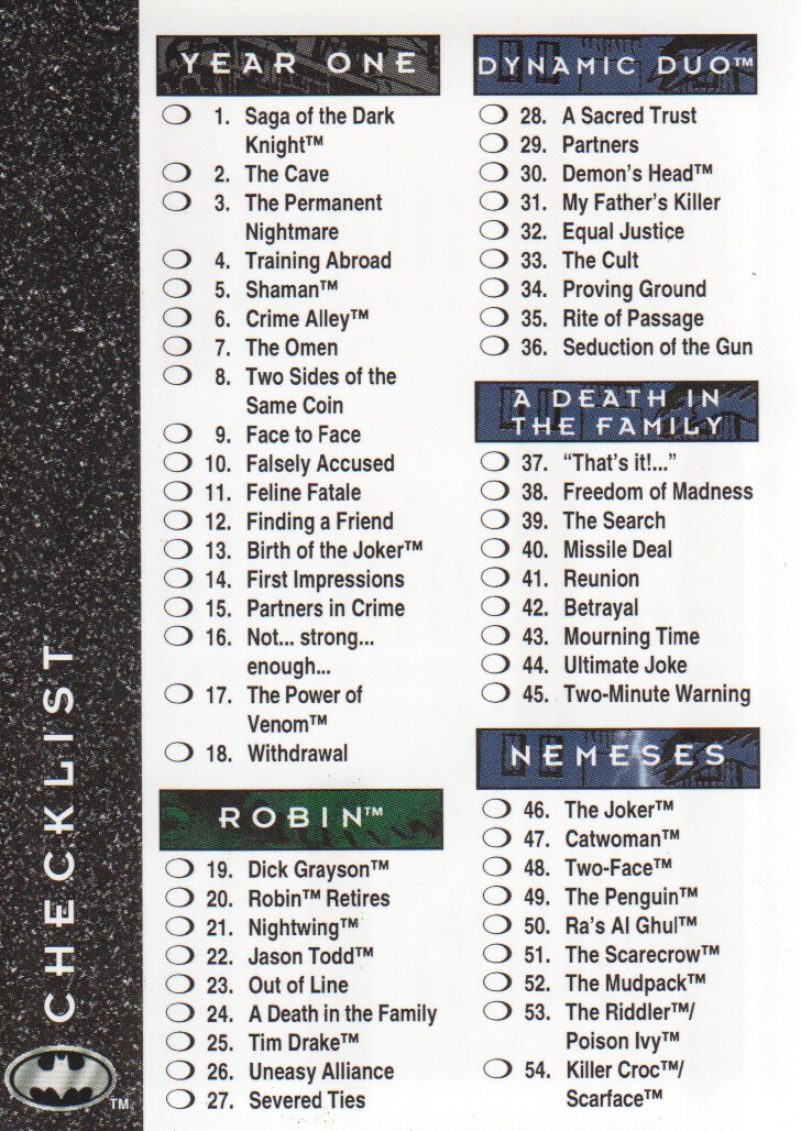 1994 SkyBox Batman Saga of the Dark Knight #100 Checklist - NM-MT