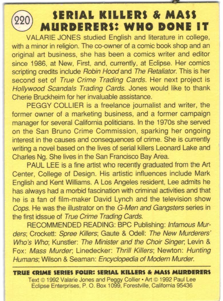 1992 Eclipse True Crime #220 Serial Killers and Mass Murderers: Who Done It CL - NM-MT - The ...