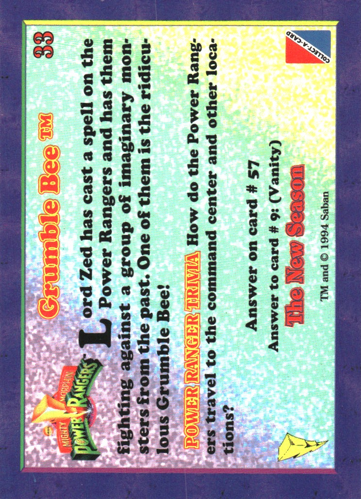 1994 Collect-A-Card Power Rangers The New Season Foil #33 Grumble Bee ...