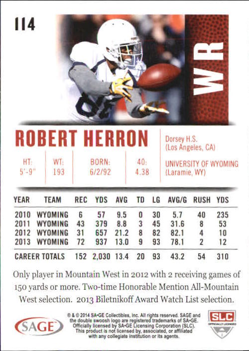 2014 SAGE HIT Gold #114 Robert Herron - NM-MT